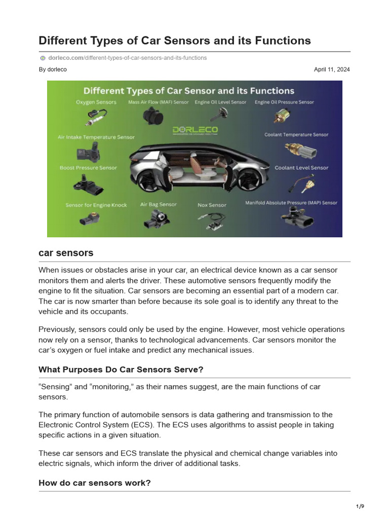 Different Types of Car Sensors and Its Functions | PDF