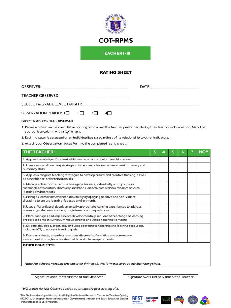 Cot RPMS Teacher I Iii Rating Sheet | PDF