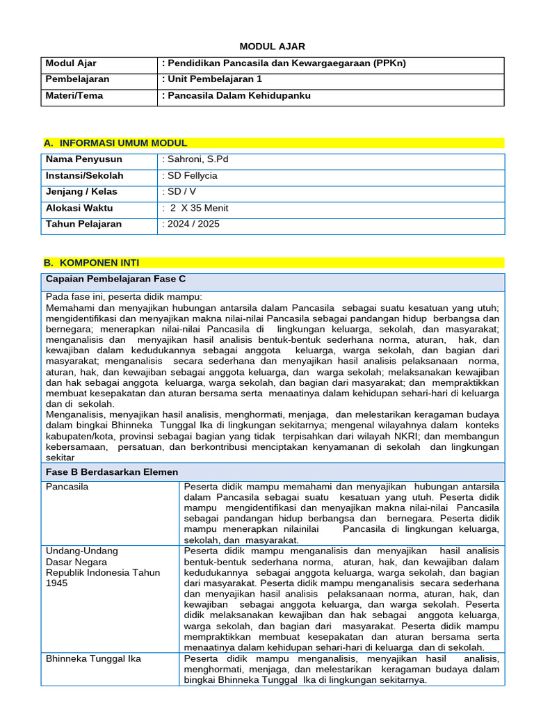 UNIT 1 PB 1 - MA PPKN Kls 5 | PDF