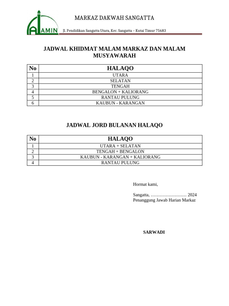 Jadwal Khidmat Malam Markaz Dan JBH | PDF