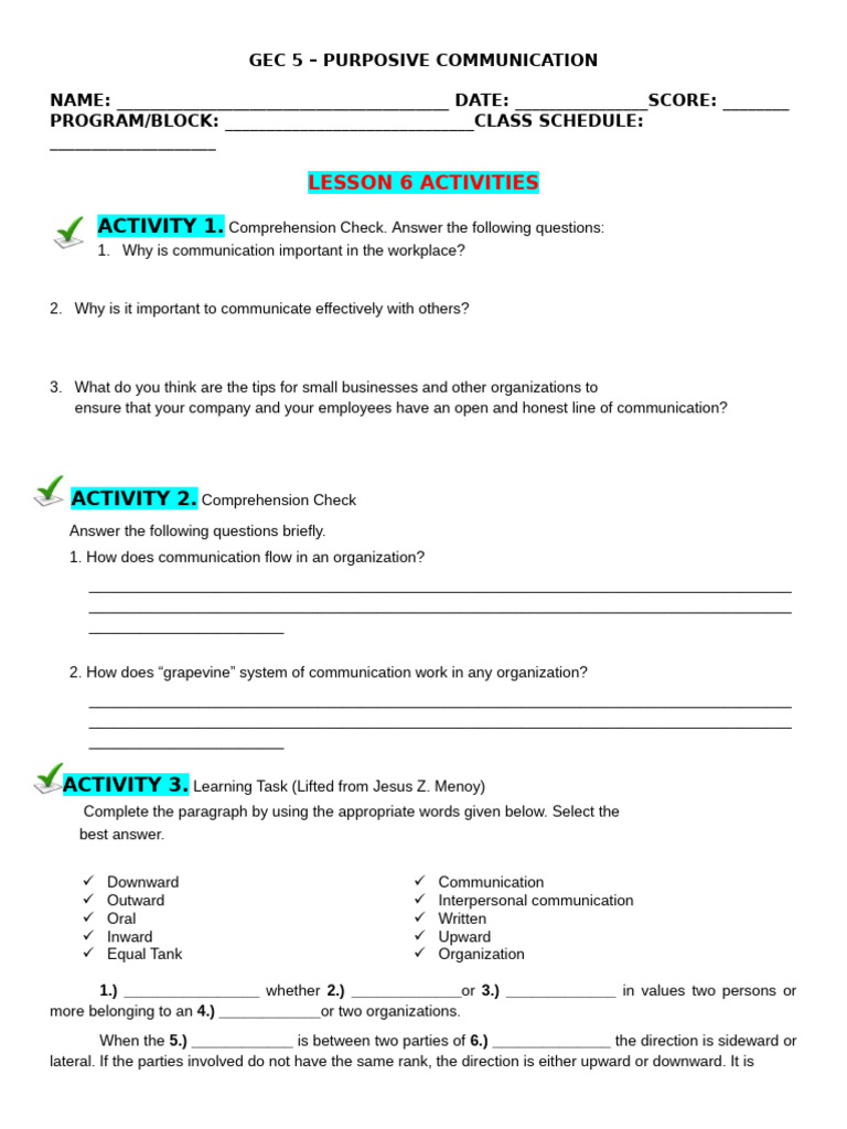 Lesson 6 Activities - Answersheet - GEC 5 | PDF