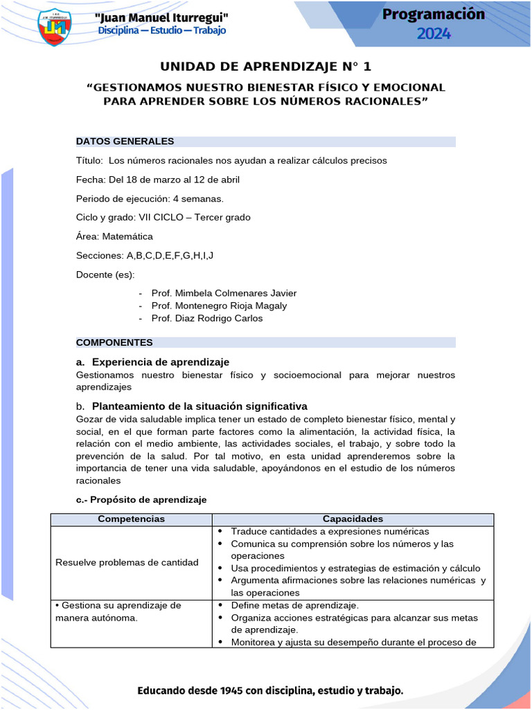 1 Unidad de Aprendizaje - Matematica - 3er Grado | PDF
