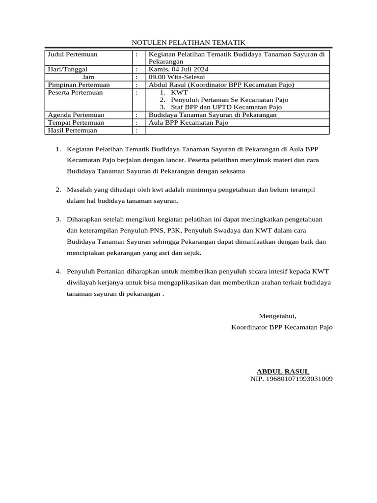 Notulen Pelatihan Tematik Pajo | PDF