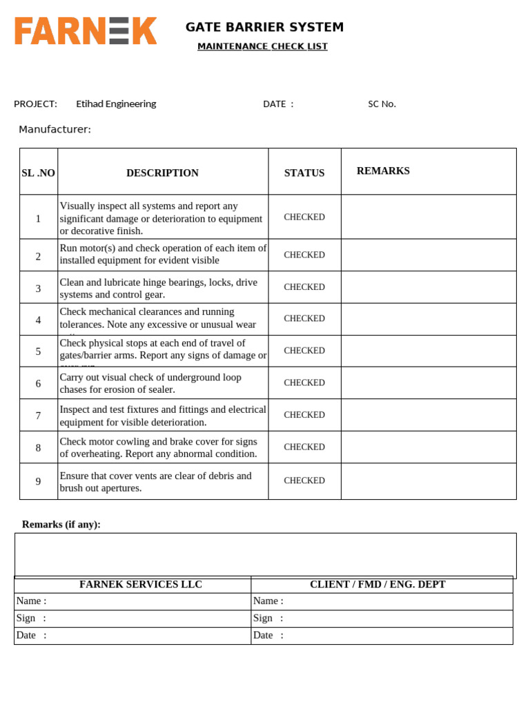 Gate Barrier System PPM Checklist | PDF