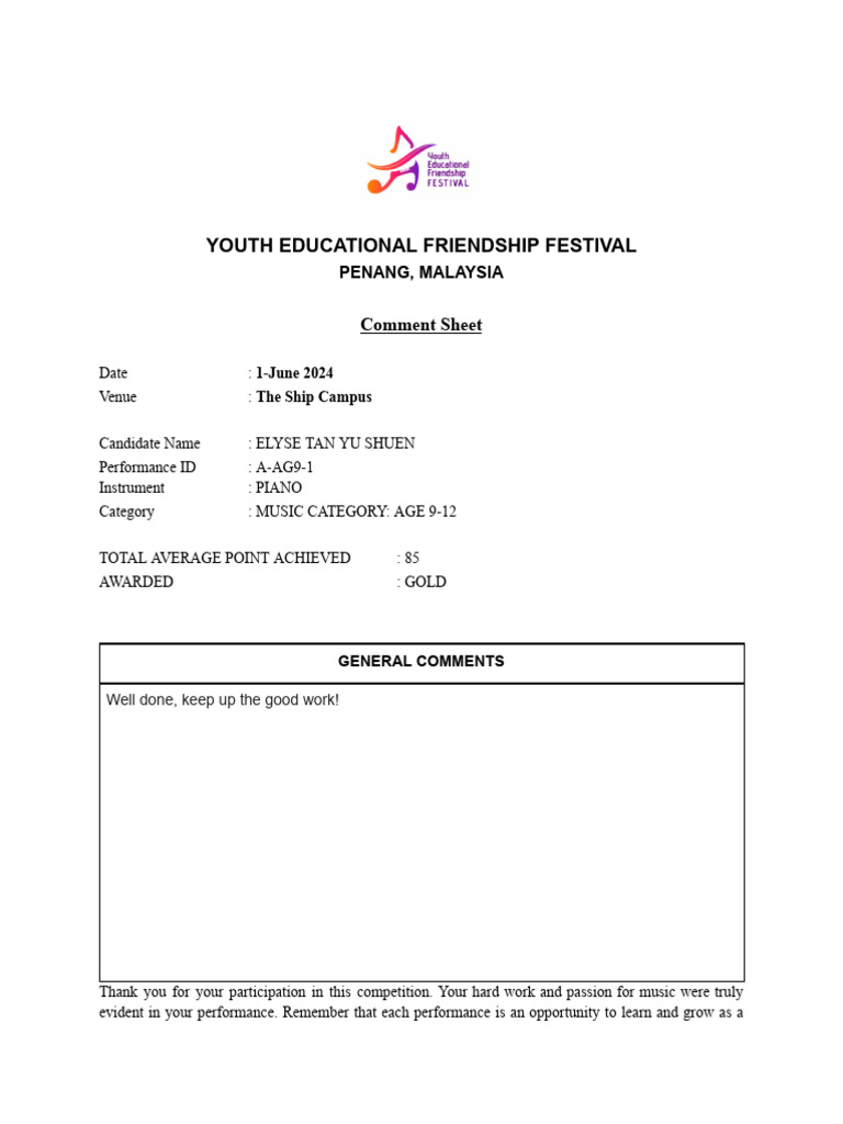 A-Ag9-1 Elyse Tan Yu Shuen - Yeff Comment Sheet | PDF