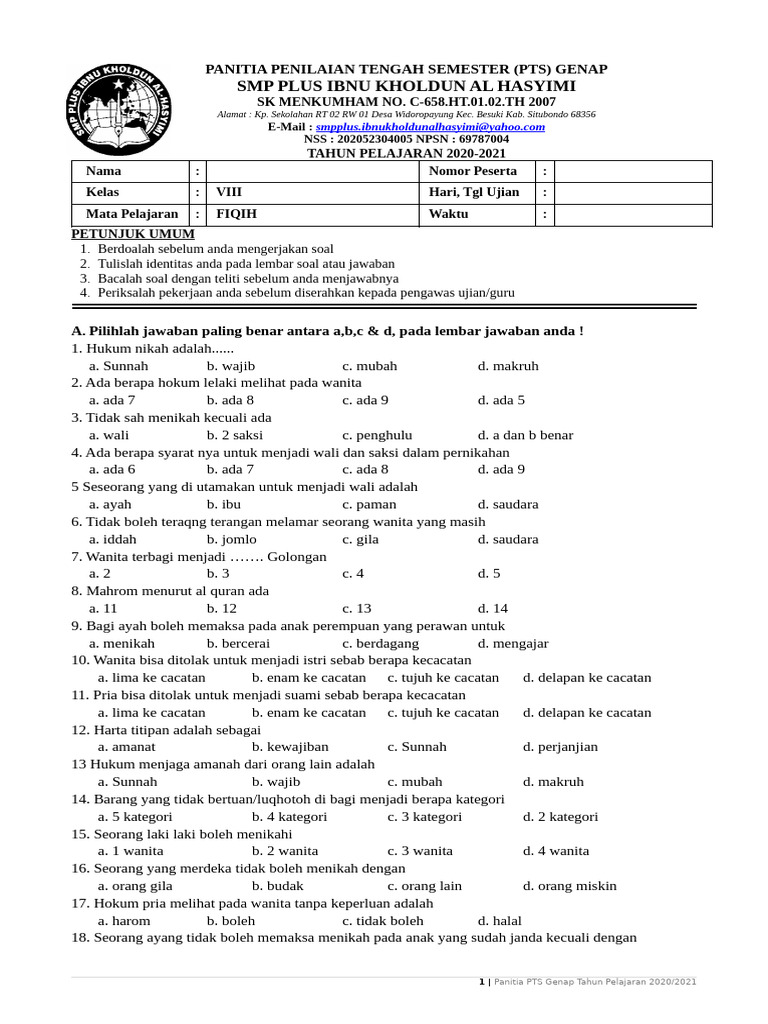 Soal Fiqih Kelas 7 | PDF
