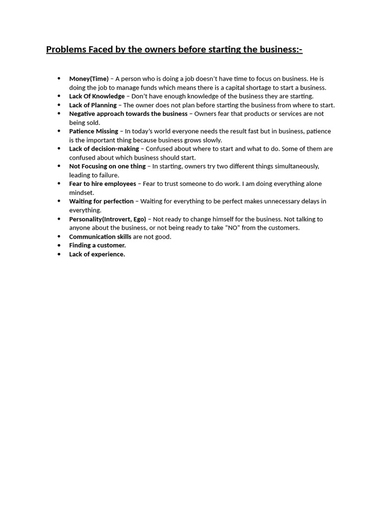 Problems Faced by The Owners Before Starting The Business | PDF