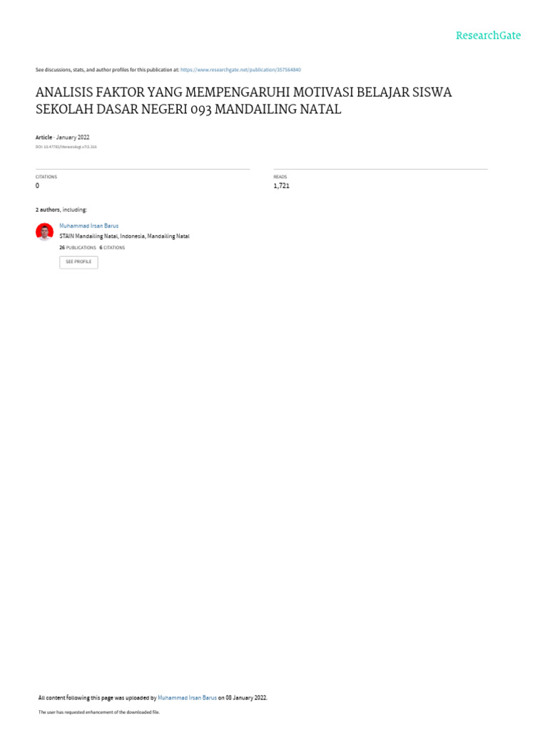 Analisis Faktor Yang Mempengaruhi Motivasi Belajar Siswa Sekolah Dasar Negeri 093 Mandailing ...