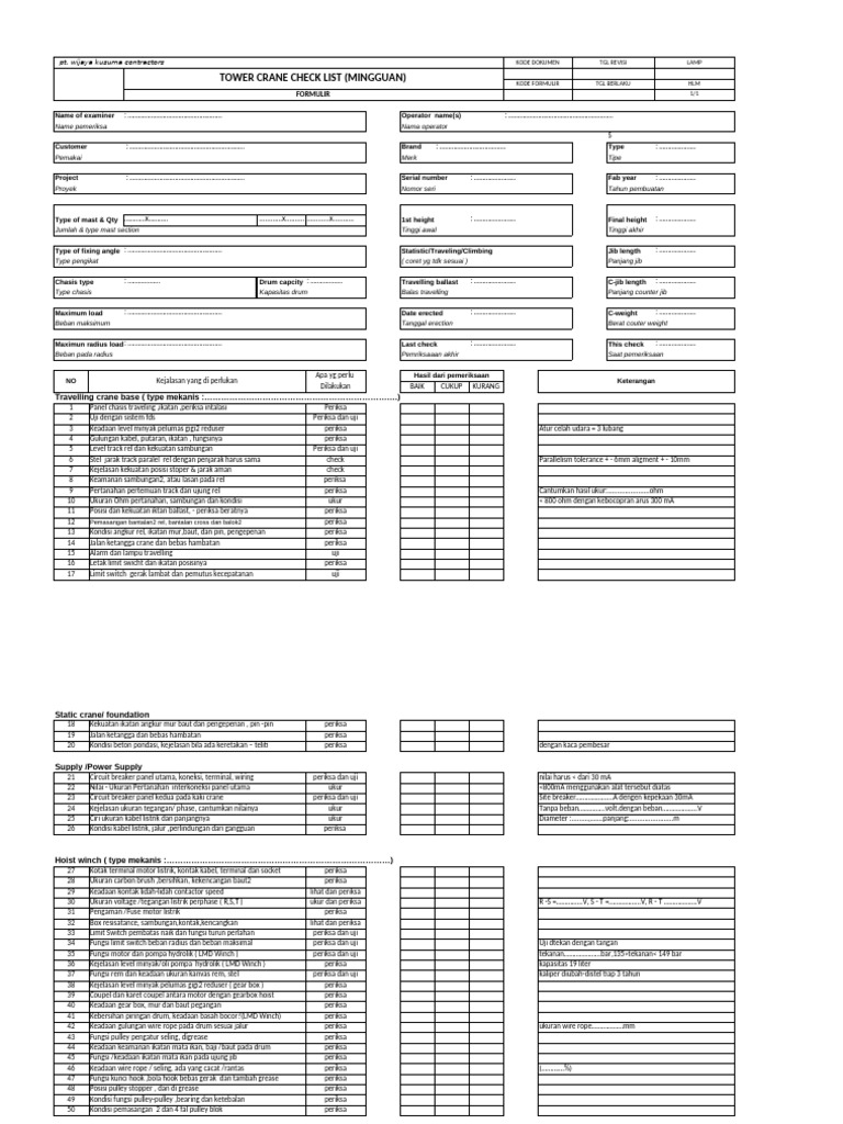 WKC.F-8.7-39 R0 - Checklist Tower Crane | PDF