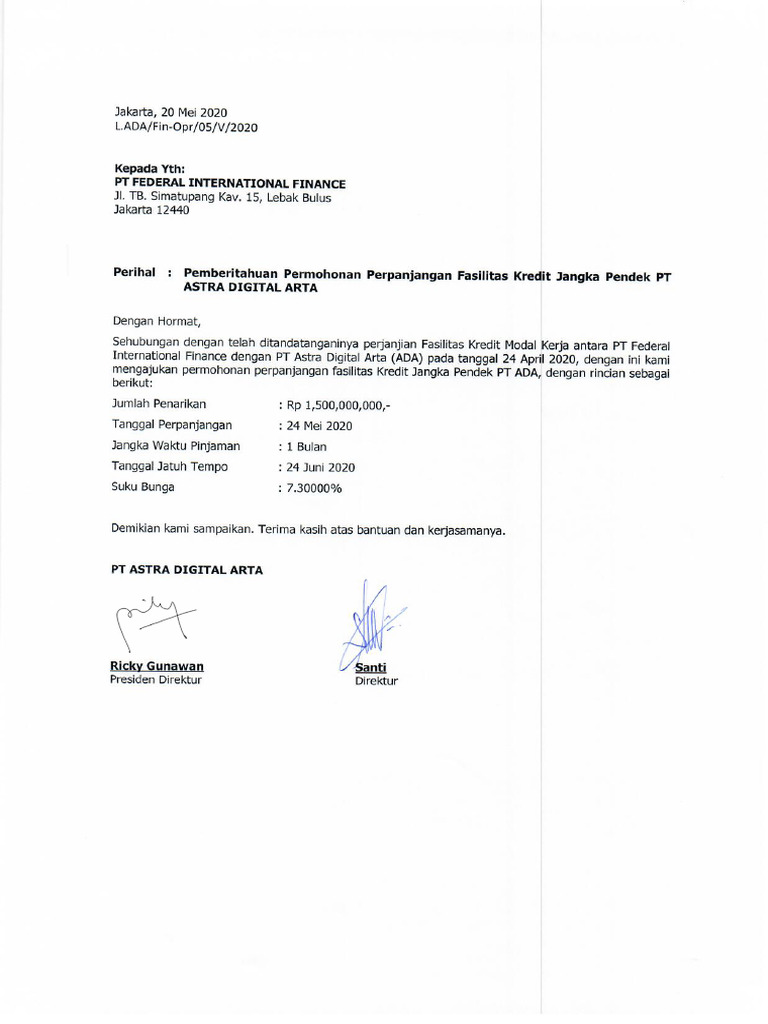 Surat RO Loan 1 PT ADA - Signed | PDF