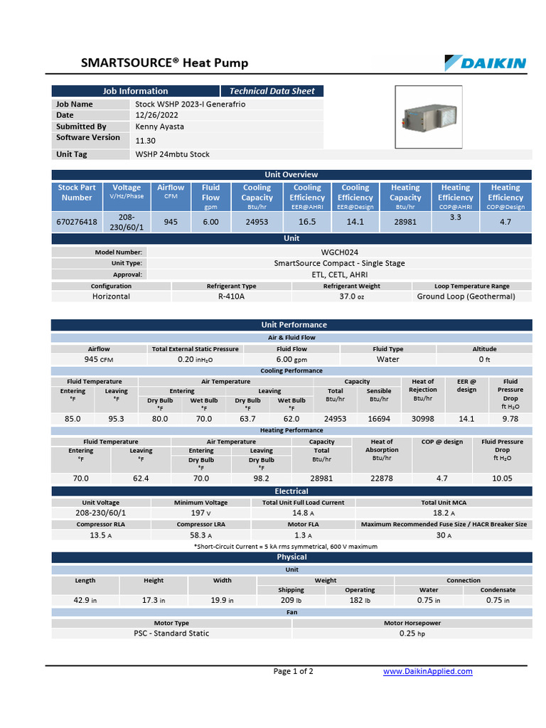 WSHP - WGCH024 - LH Technical Data Sheet | PDF | Electrical Engineering ...