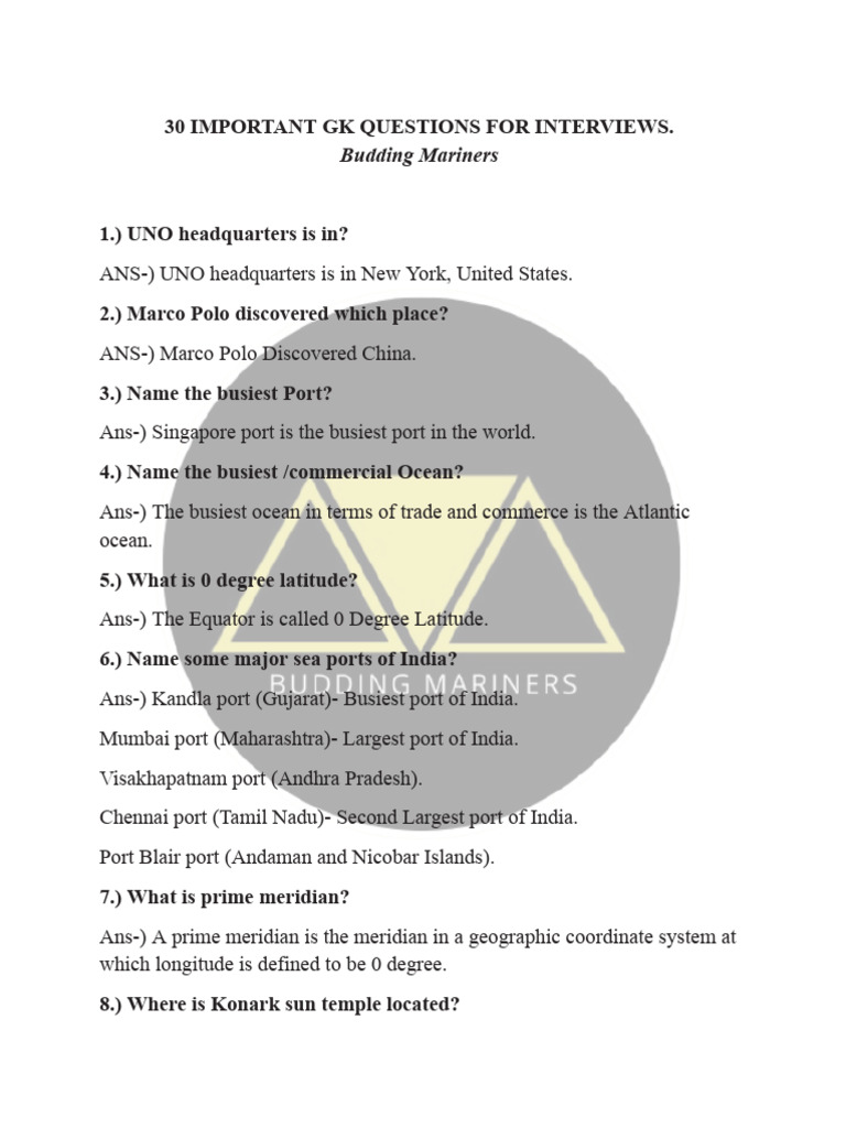 Important GK Questions For Interview | PDF