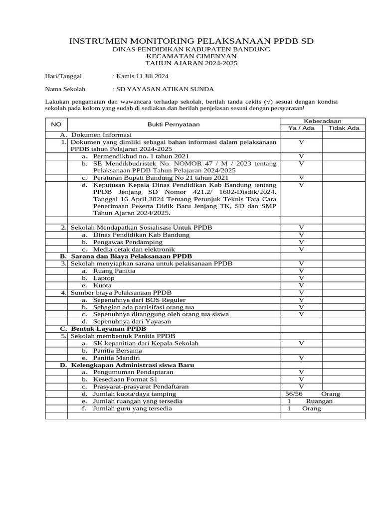 Instrumen Monitoring Pelaksanaan PPDB SD 2024 | PDF