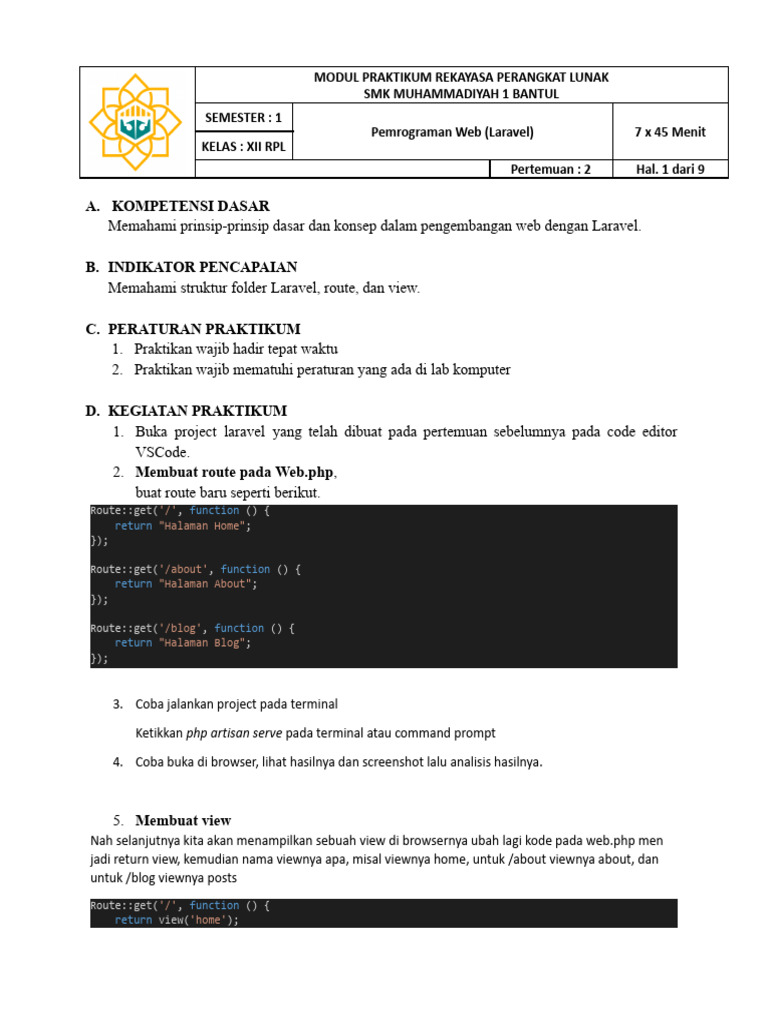 Jobsheet 1 Struktur Folder, Route, Dan View | PDF