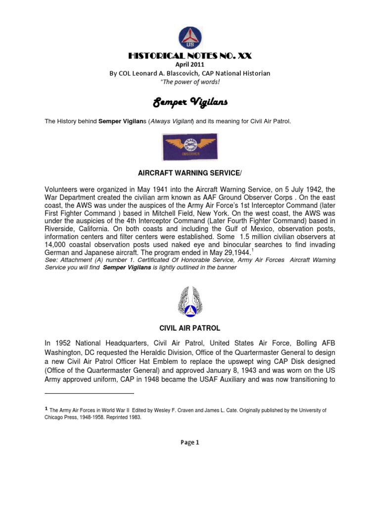 CAP Semper Vigilans History | PDF | Civil Air Patrol | United States ...