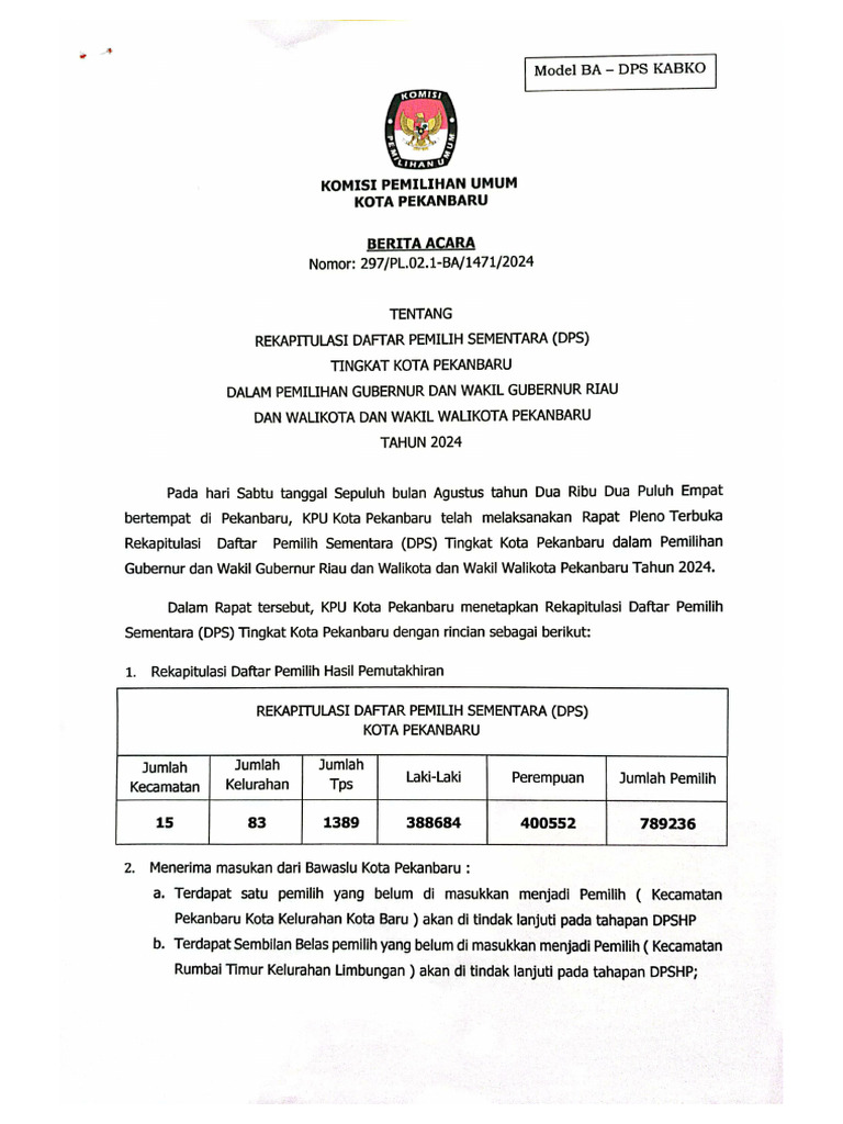 Ba Pleno DPS Pilkada 2024 | PDF