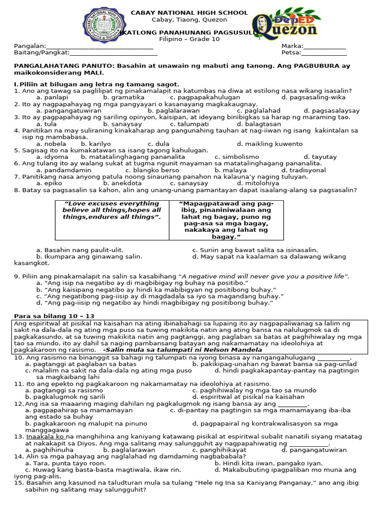 Third Quarter Exam Fil 10 | PDF | Philippines | Languages Of Southeast Asia