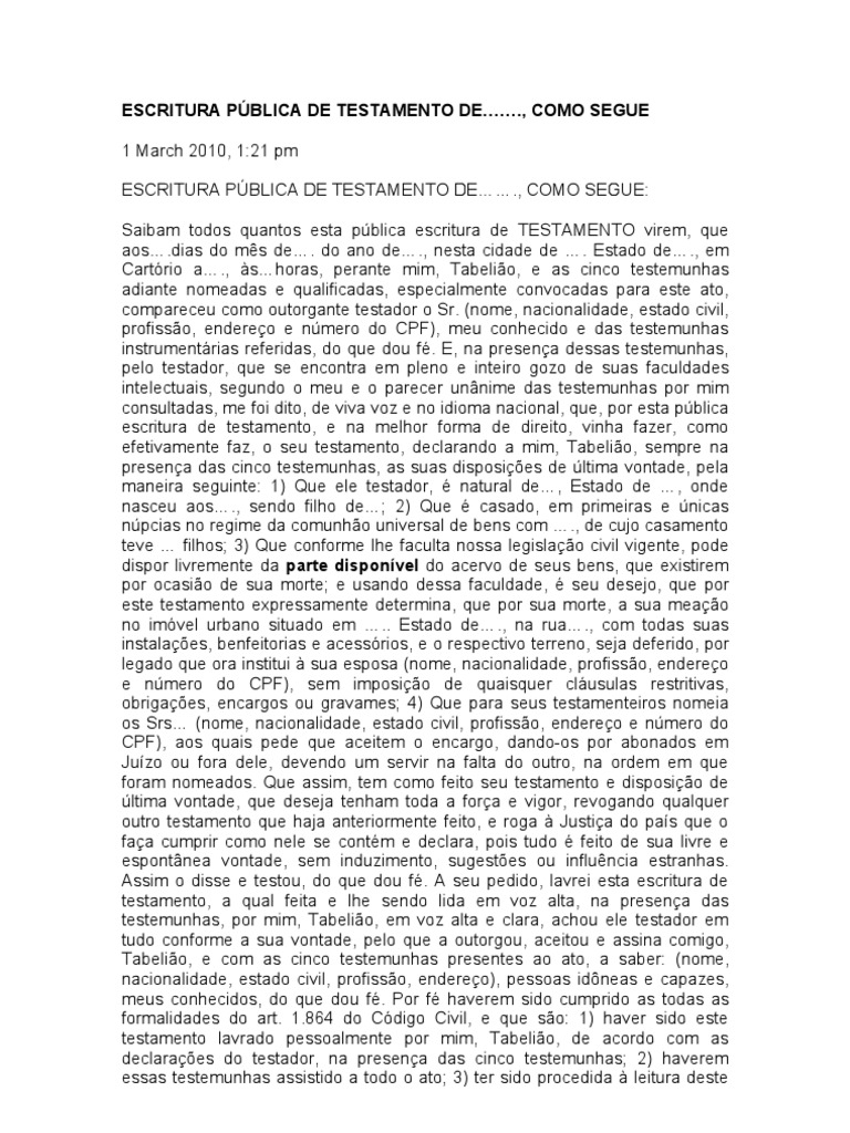 MODELOS ESCRITURA PÚBLICA DE TESTAMENTO