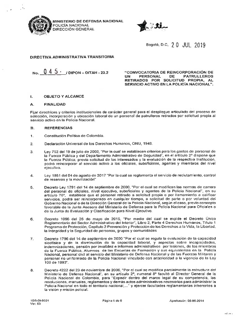 D.A.T. 045 DIPON-DITAH DEL 20-07-2019 Reingreso PT | PDF