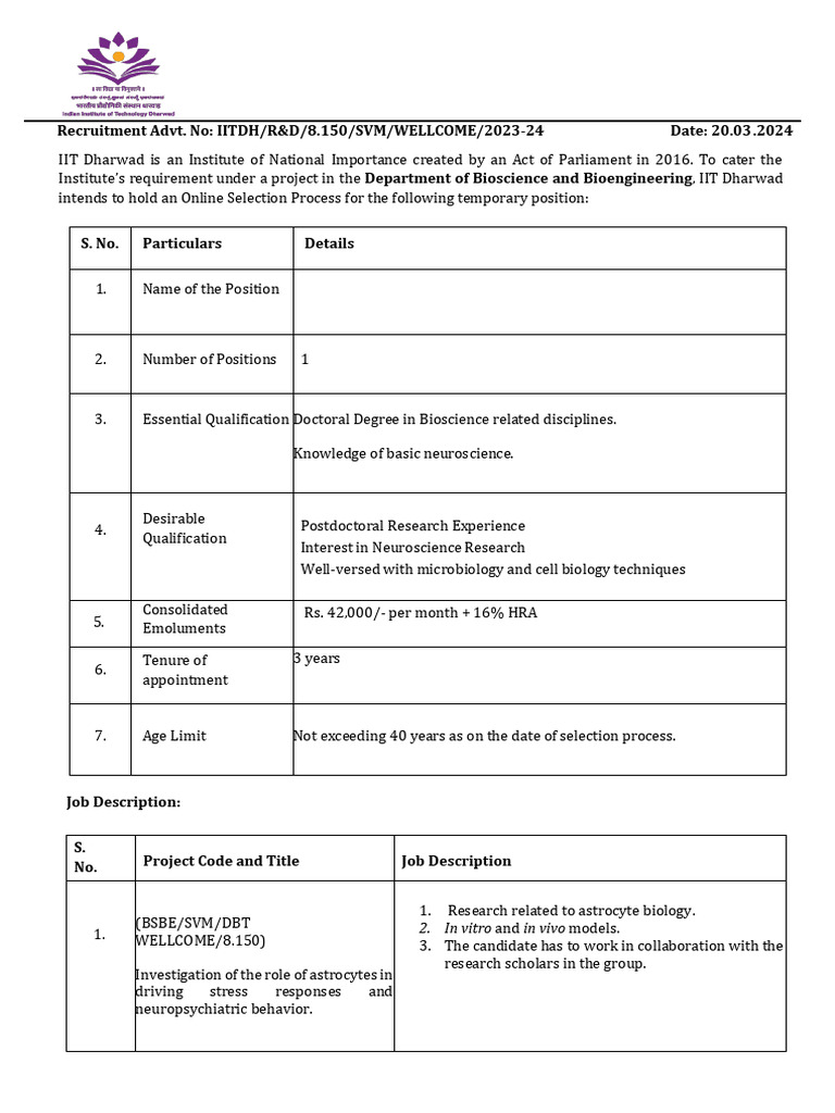 Advt For Senior Proj Associate Under DR - SM | PDF