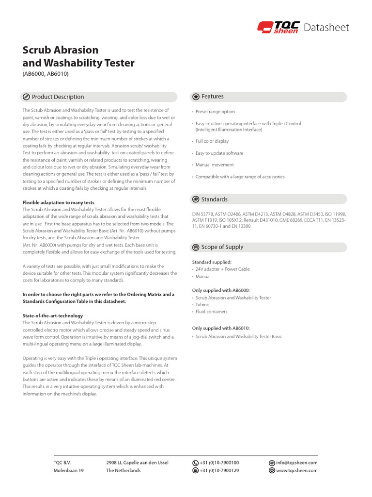 Scrub Abrasion & Washability Tester Datasheet | PDF | Length | Computers