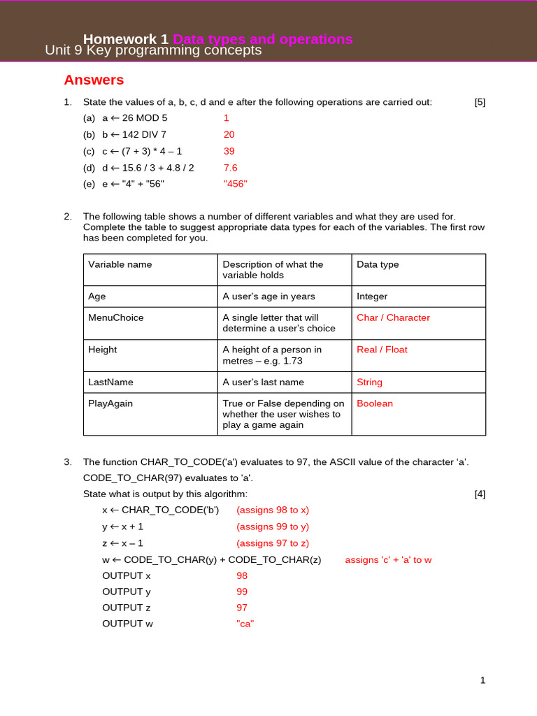 Data Types T1 Homework 1 Answers | PDF