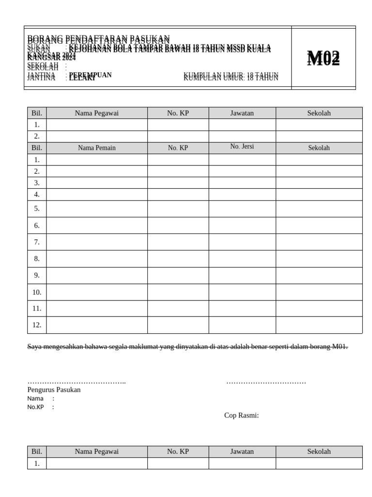 Borang PENDAFTARAN M02 MSSD KK BOLA TAMPAR 2024 | PDF