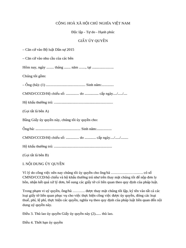 Mau Giay Uy Quyen Ly Hon Moi Nhat | PDF