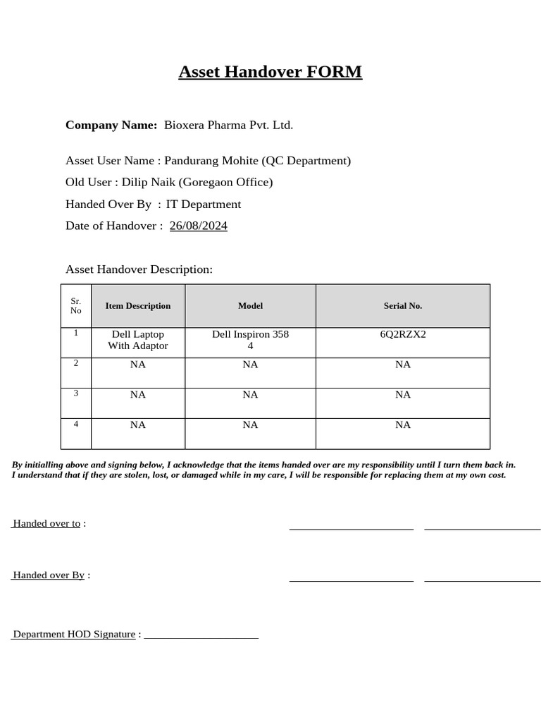Asset Handover FORM | PDF