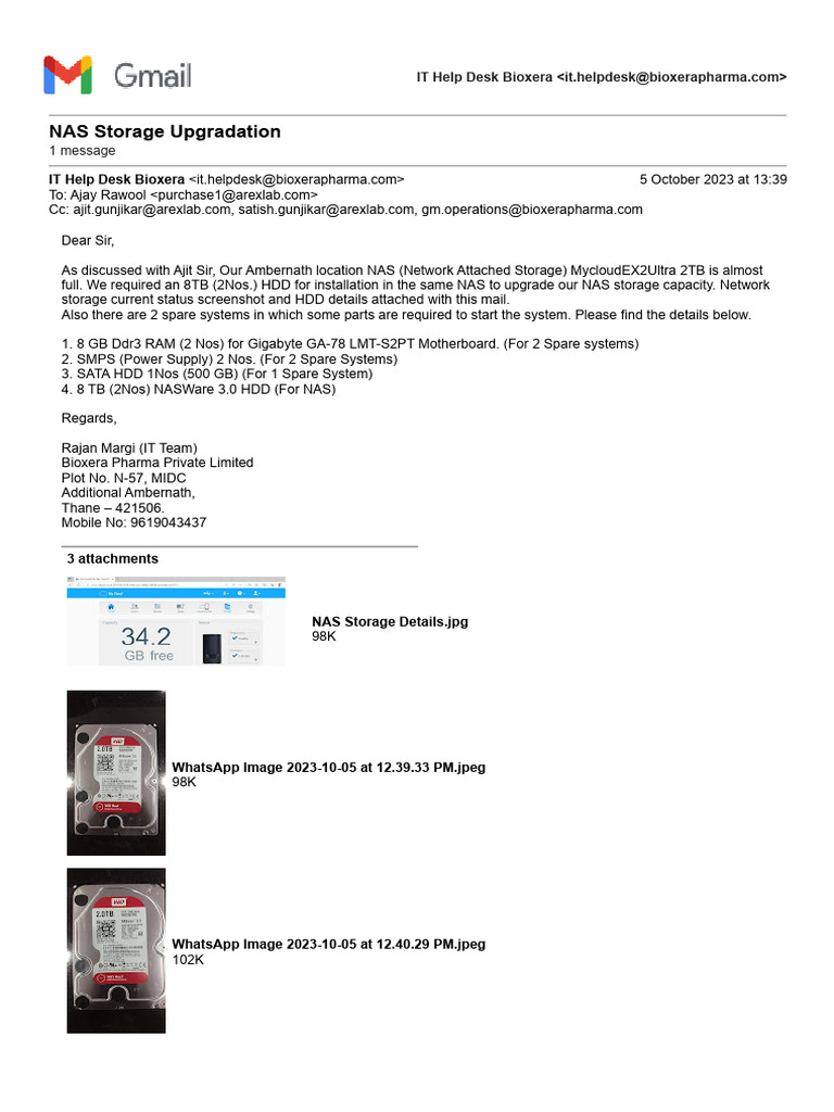 Bioxera Pharma Pvt. Ltd. Mail - NAS Storage Upgradation | PDF