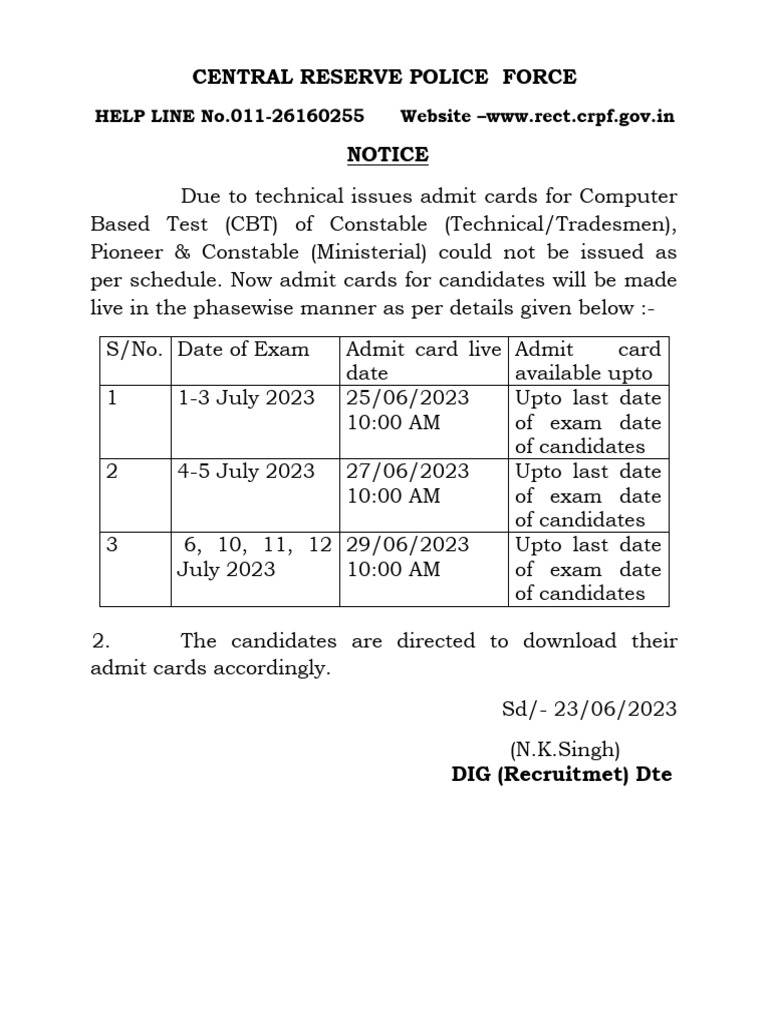 Central Reserve Police Force: HELP LINE No.011-26160255 Website - WWW ...