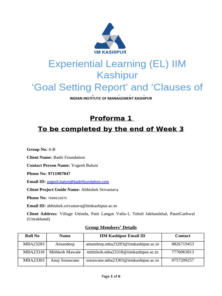 Proforma 1 Goal Setting Report and Clauses of Association | PDF