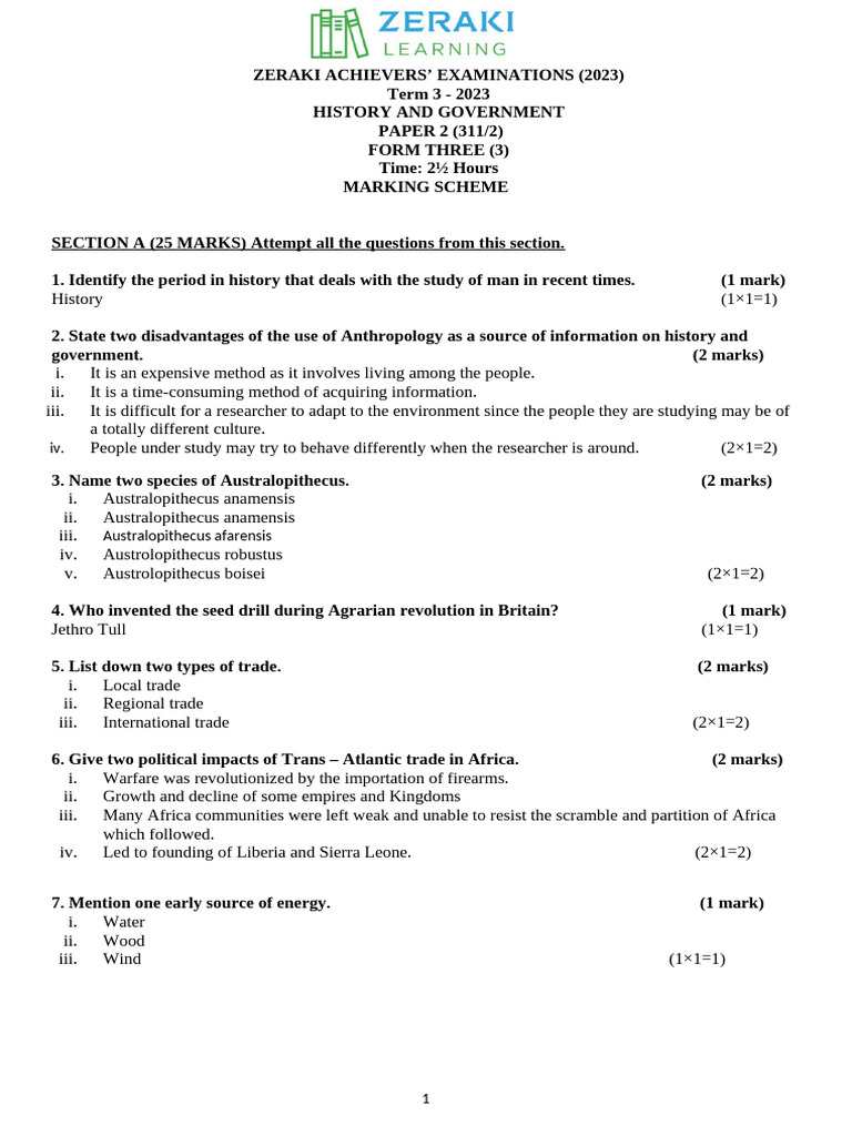 History - Paper 2 - Marking Scheme | PDF