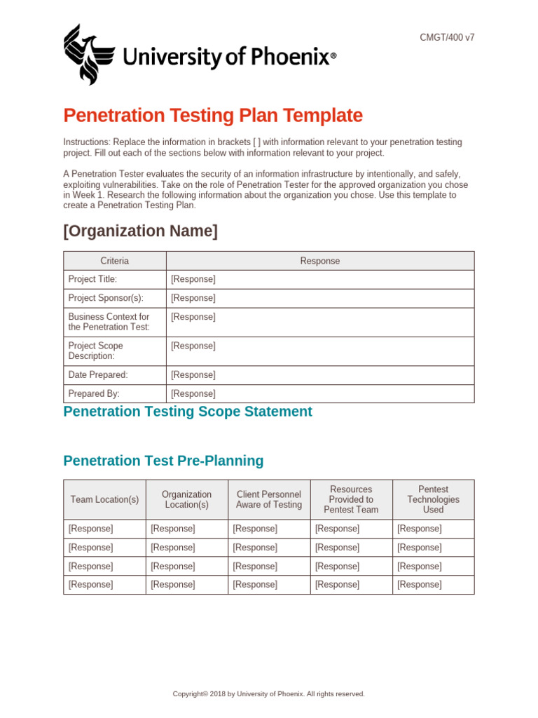 Cmgt400 v7 Wk2 Penetration Testing Plan Template | PDF