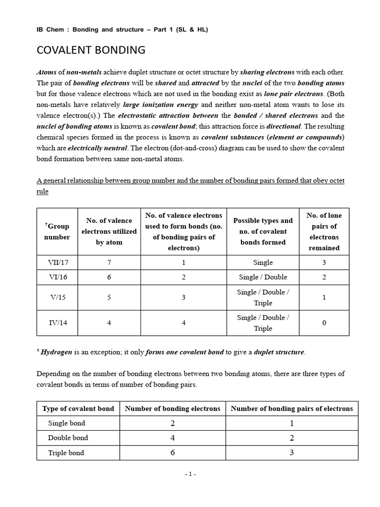 Bonding and Structure Covalent Bonding - Part 1 SL-HL STD | PDF