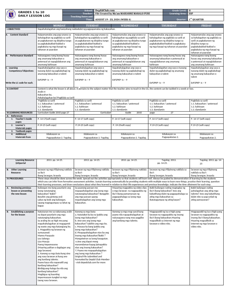 DLL - Esp 2 - Q1 - W4 | PDF