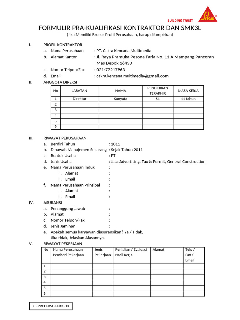 FS-PRCH-VSC-FPKK-00 - Formulir Pra-Kualifikasi SMK3L Kontraktor | PDF