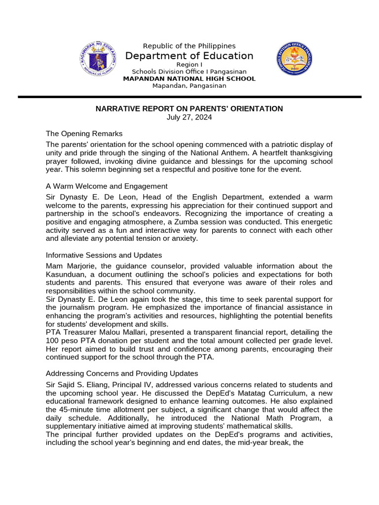Narrative Report On Parents' Orientation | PDF