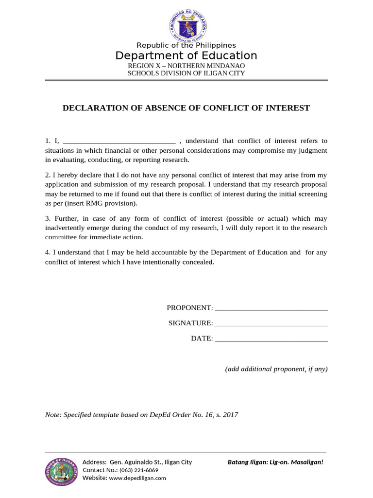 Declaration of Absence of Conflict of Interest | PDF