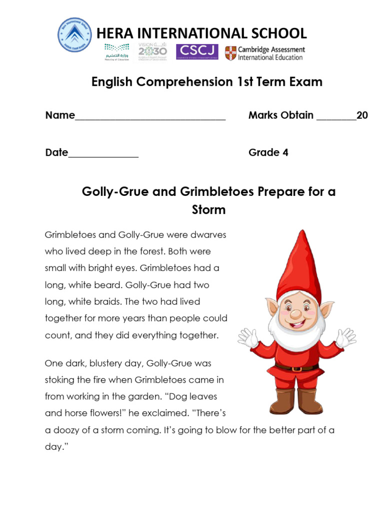 Grade 4 English Comprehension 1st Term Exam New | PDF