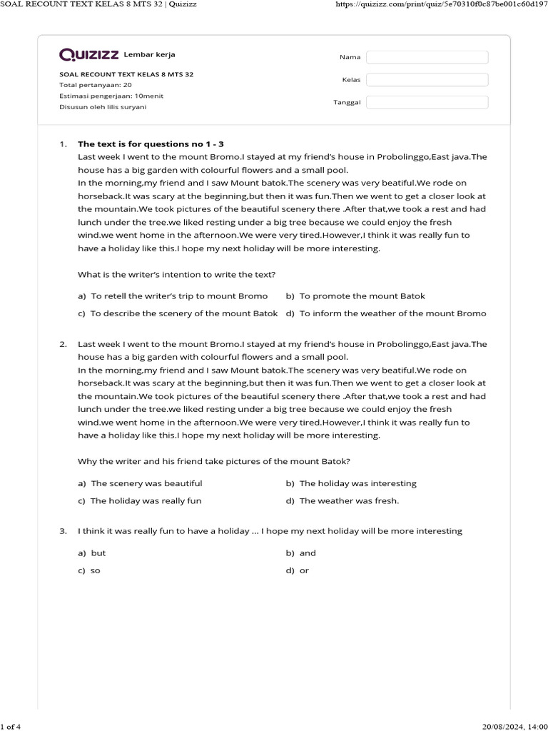 Recount Text Dan Simple Past TEnse Exercise - Kelas 8 | PDF