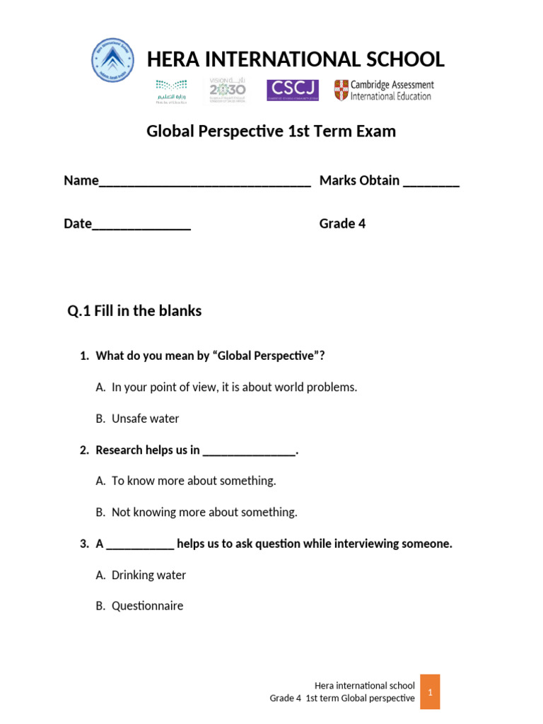 Grade 4 Global Perspective Exam 1st Term | PDF