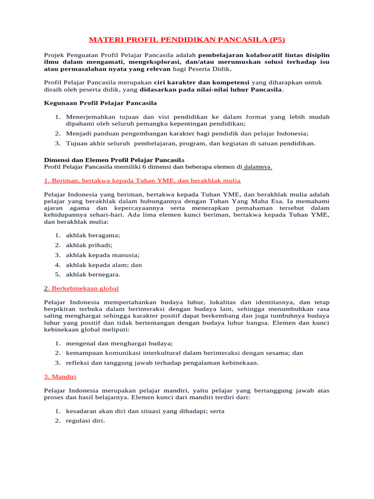 Materi Profil Pendidikan Pancasila (p5) | PDF