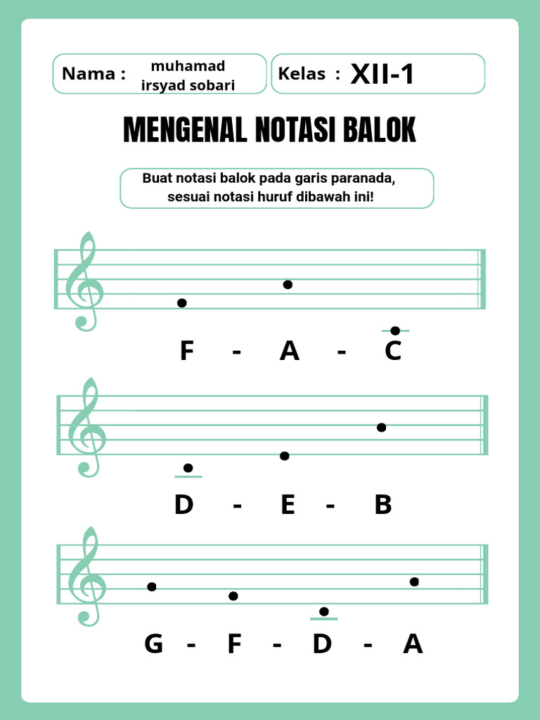 Lembar Kerja Notasi Balok Ilustrasi Putih Hijau PDF | PDF