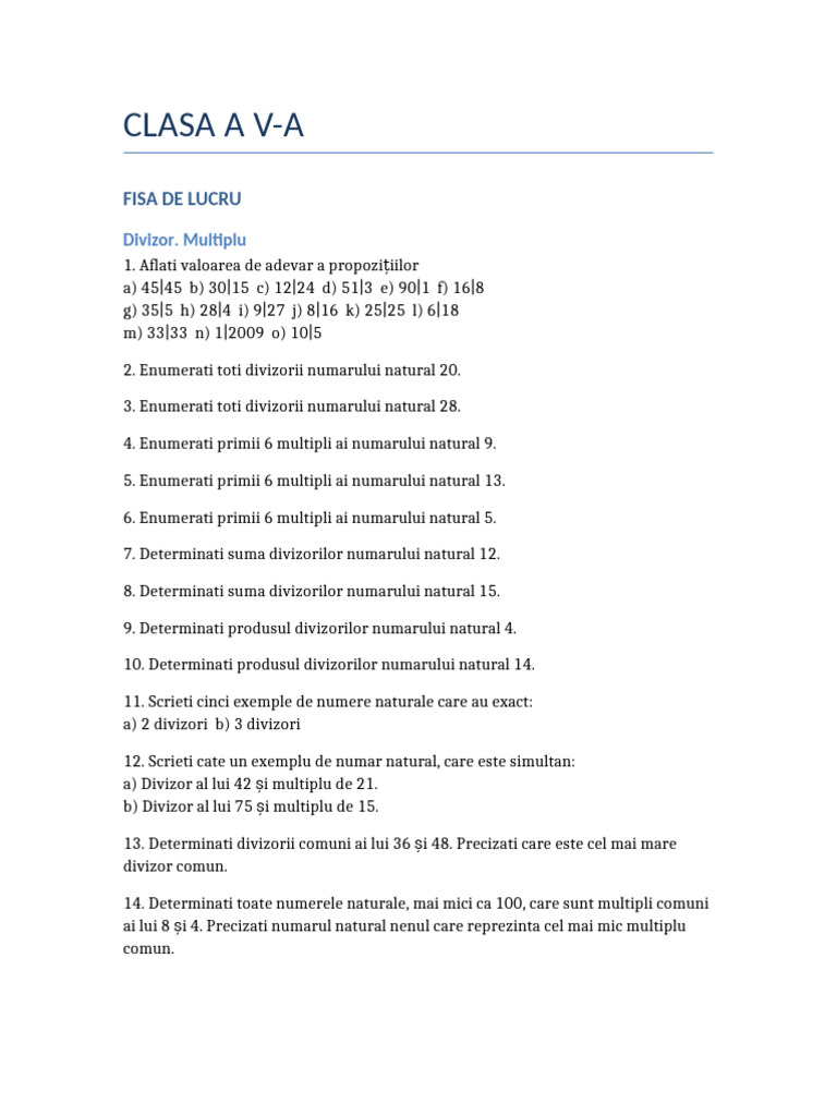 Fisa de Lucru Clasa A 5 A | PDF