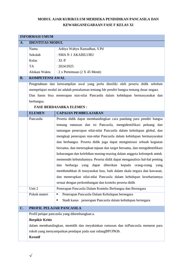 MODUL AJAR PPKN Unit 2 Kls XI | PDF