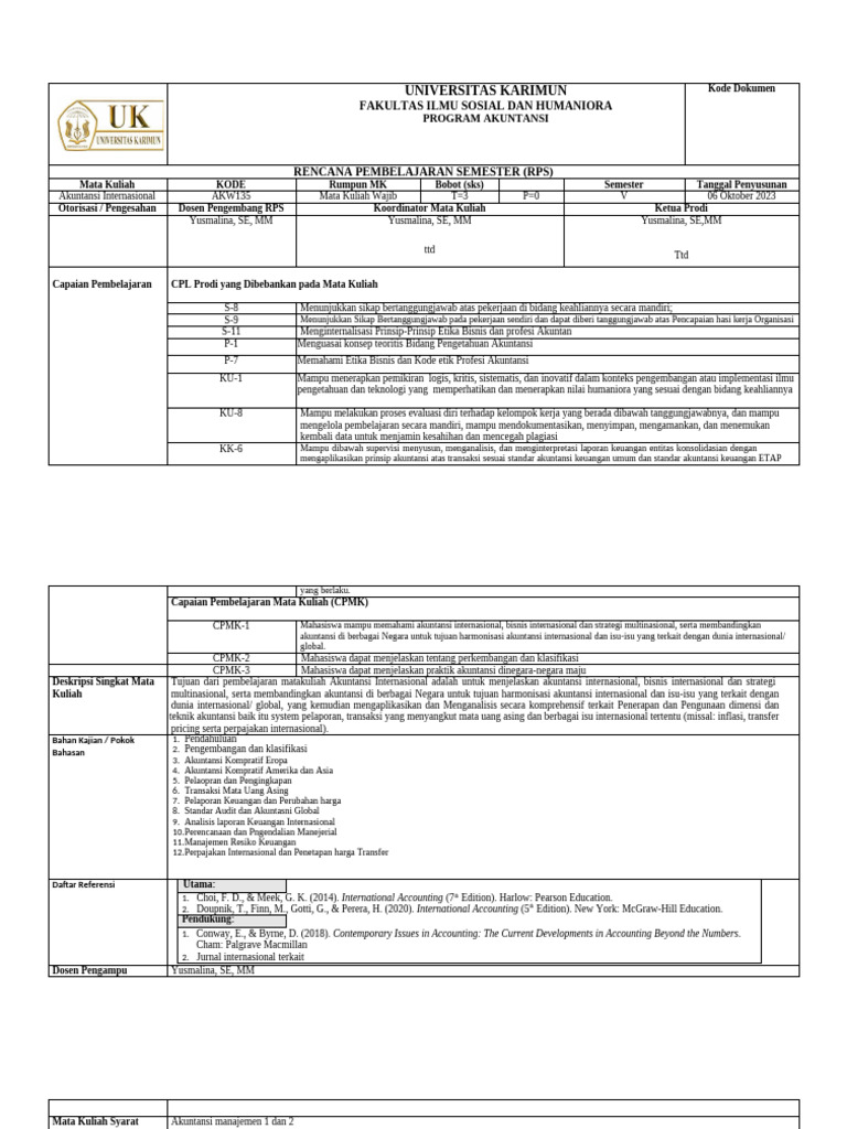 RPS Akuntansi Internasional (Ok) | PDF