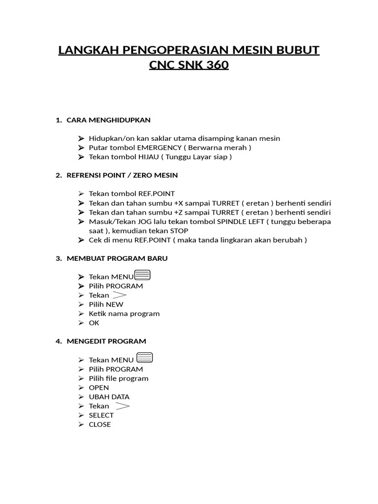 Pengoperasian Cnc Bubut Snk 360 | PDF