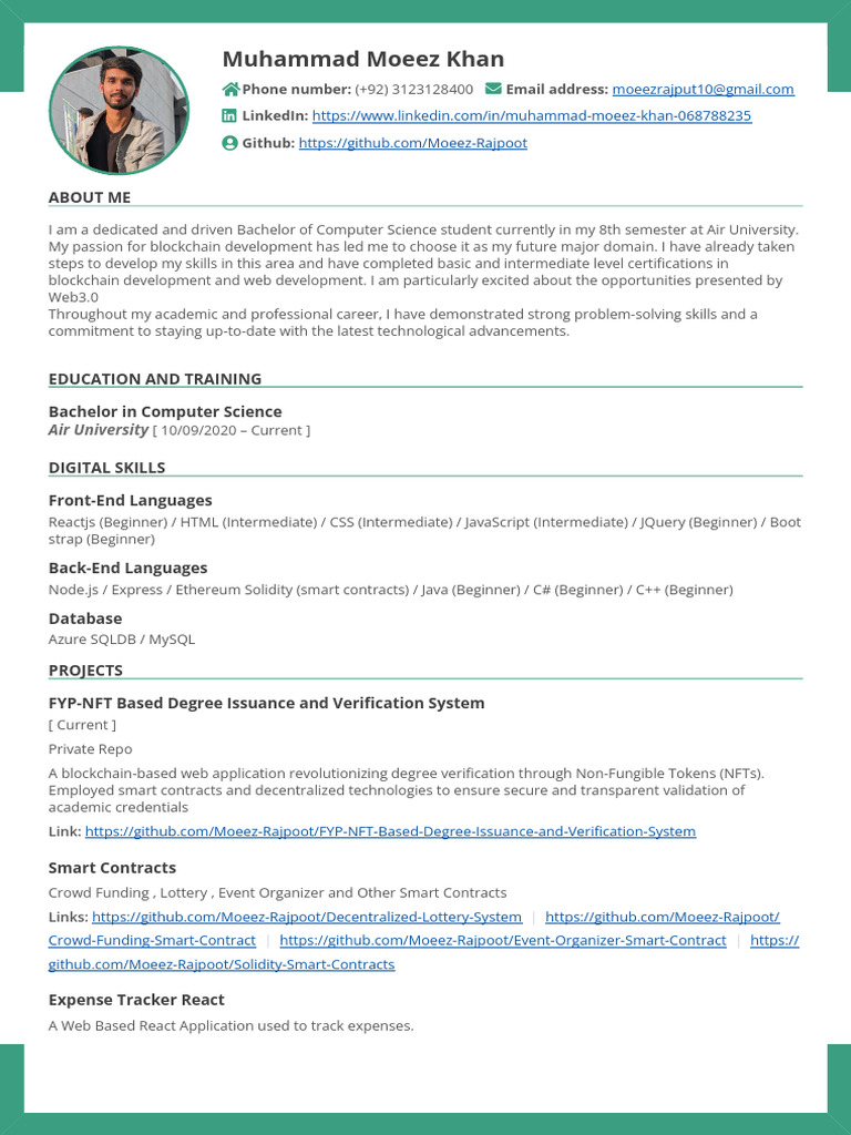 CV - M Moeez Khan | PDF