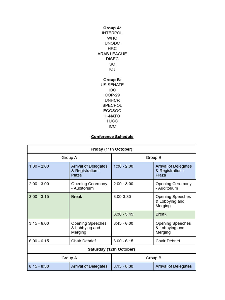 MUN@UWC Conference 2024 Schedule | PDF